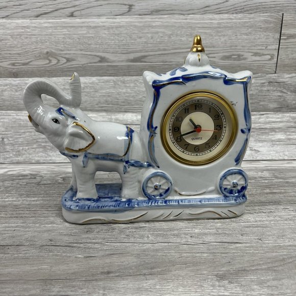 Accents | Vtg Rare Decorative White And Blue Elephant Desk Mantle Clock ...